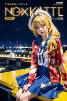 手機桌布，Hayu Nukui ，貫井 はゆ，寫實，黑暗中，一個有著黃色頭髮，穿著紅色外套和藍色裙子的女孩。 - 2K高清AI桌布下載