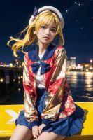 手機桌布，Hayu Nukui ，貫井 はゆ，寫實，夜晚，一個女孩坐在城市天際線前的黃色欄桿上。 - 2K高清AI桌布下載