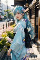 手機桌布，Yoshio 55level，寫實，「藍髮和服的浪漫幻想」 - 2K高清AI桌布下載