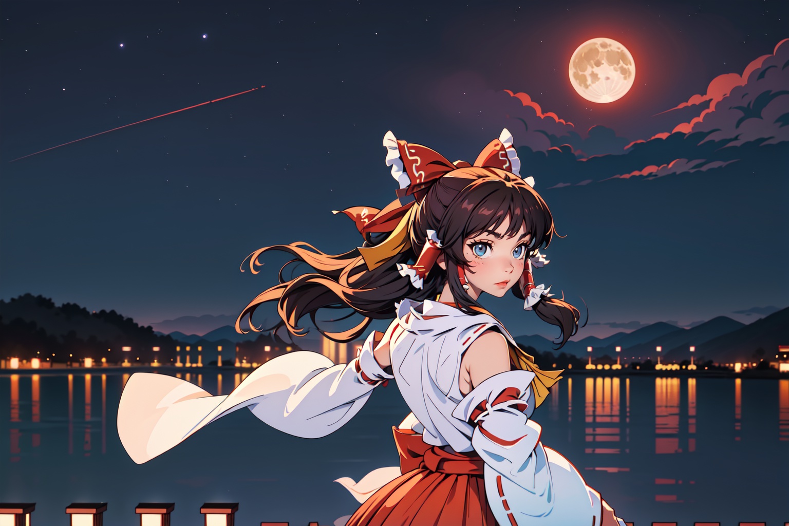 動漫美女，東方Project，博麗靈夢，水畔滿月：博麗靈夢夜水邊，白衣飄風背月倩，AI-Mitsu官方藝術夜，ukiyo-e情懷空遠天 ...