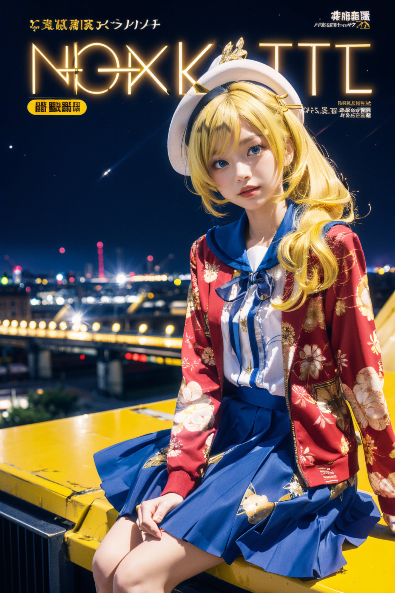 手機桌布，Hayu Nukui ，貫井 はゆ，寫實，黑暗中，一個有著黃色頭髮，穿著紅色外套和藍色裙子的女孩。 - 2K高清AI桌布下載