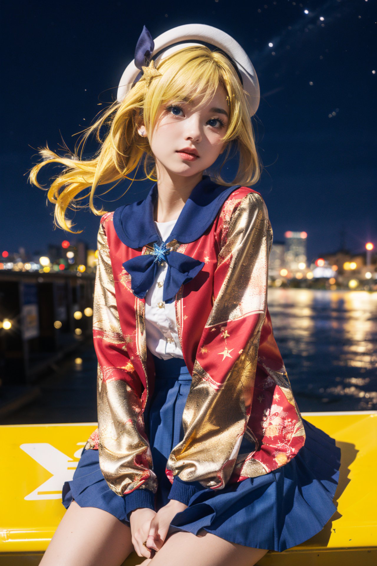 手機桌布，Hayu Nukui ，貫井 はゆ，寫實，夜晚，一個女孩坐在城市天際線前的黃色欄桿上。 - 2K高清AI桌布下載